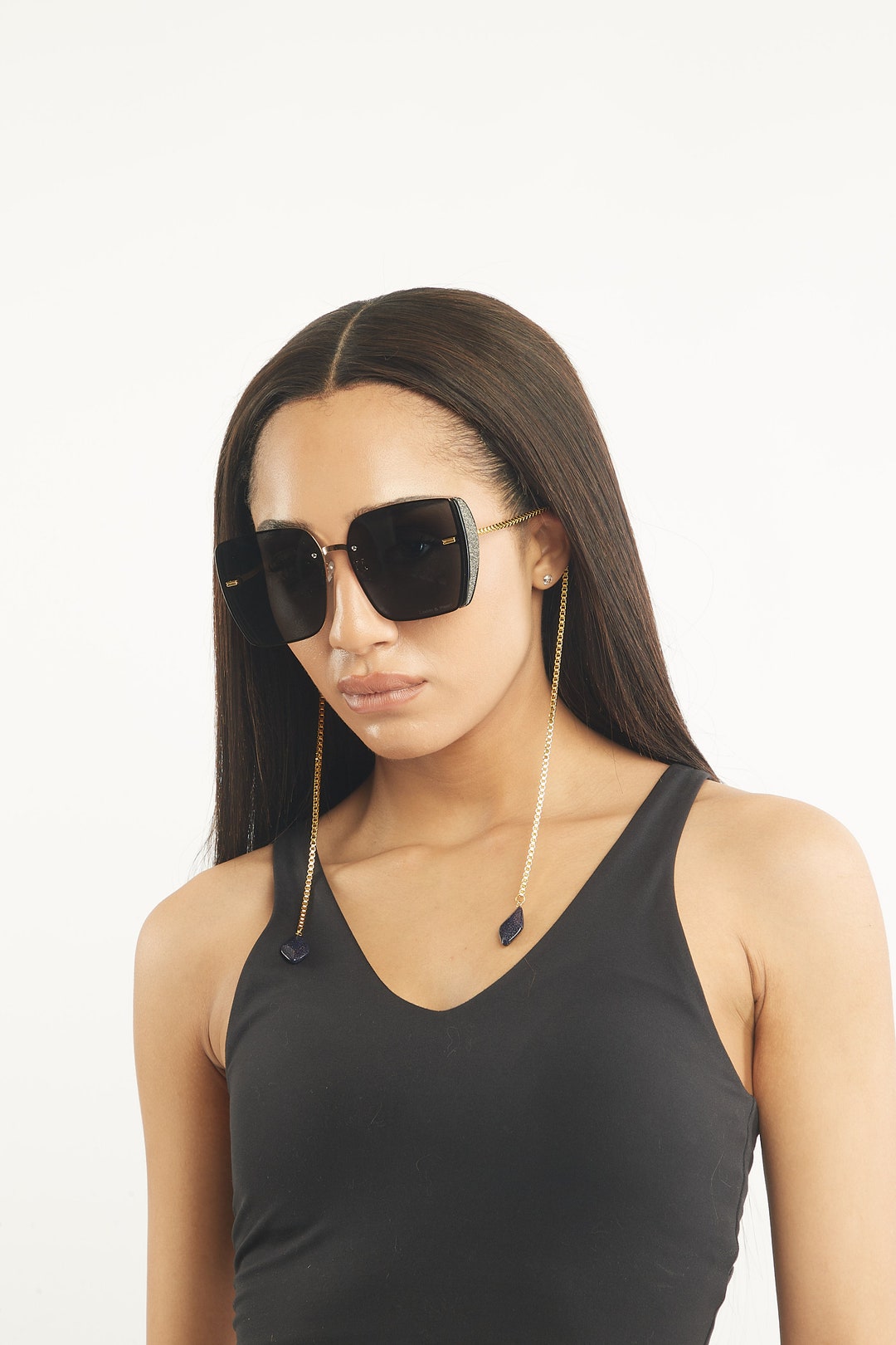 Loom&pearl Armless Chain Temple Sunglasses Square Black Shades With A ...
