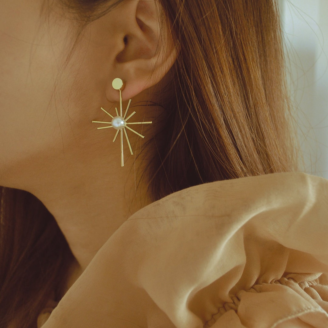 Pearl Gold Earrings, Star Studs, Star Earrings, Star and Pearl, Gold ...