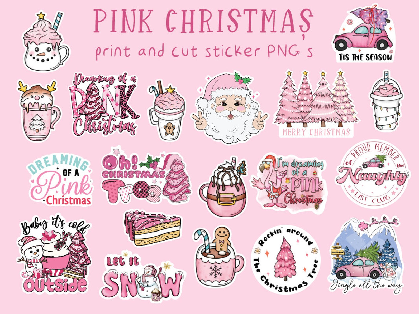 Printable Pink Christmas Digital Sticker Bundle Digital PNG - Etsy