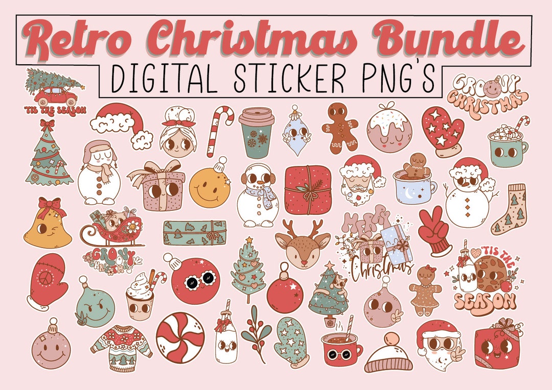 Printable Retro Christmas Digital Sticker Bundle, Digital PNG Stickers ...