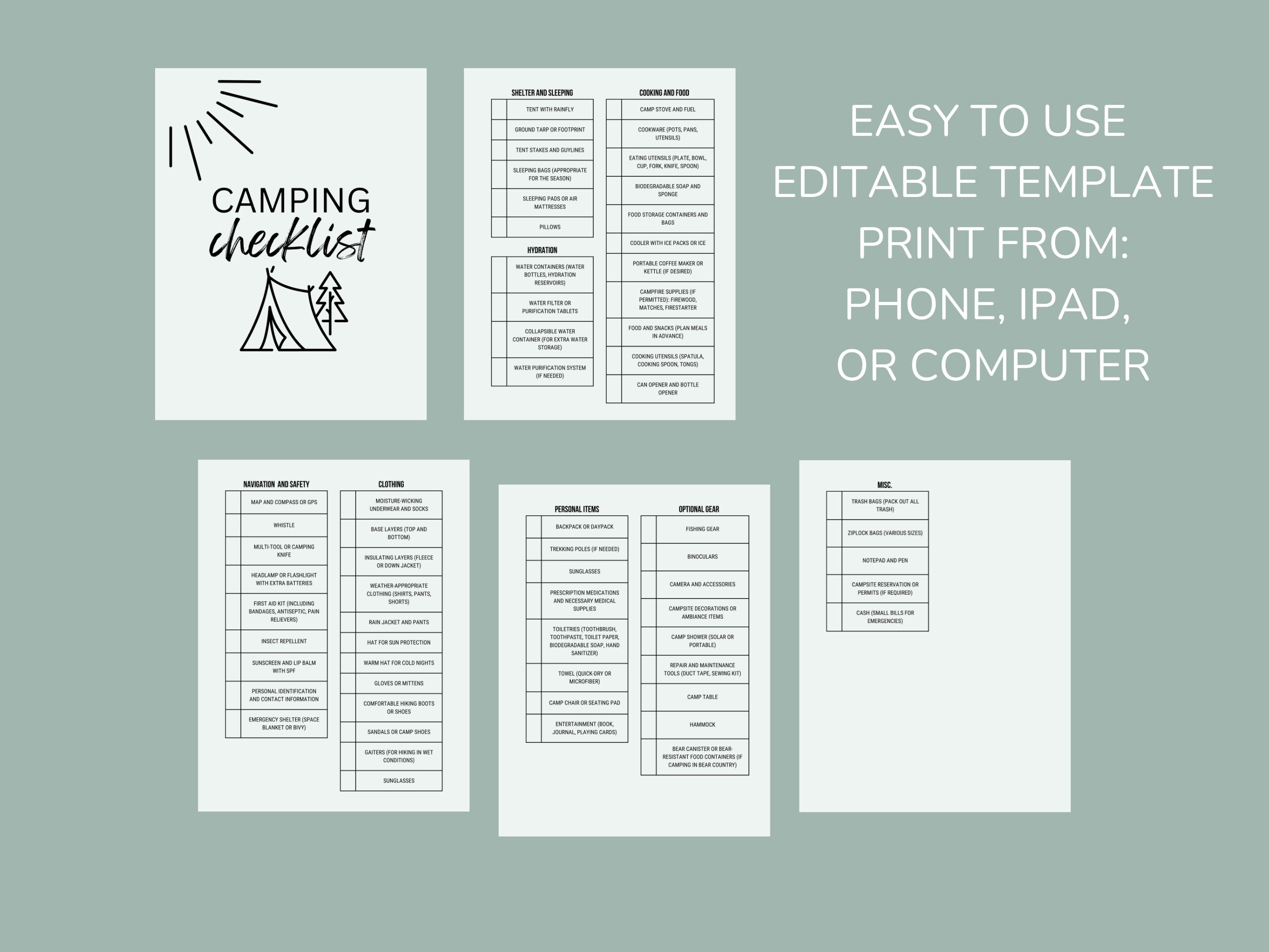 Editable Camping Packing List, Printable Packing List Template, Camping ...