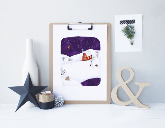 Snow House A5 A4 and A3 Art Print Holiday Christmas Print | Etsy