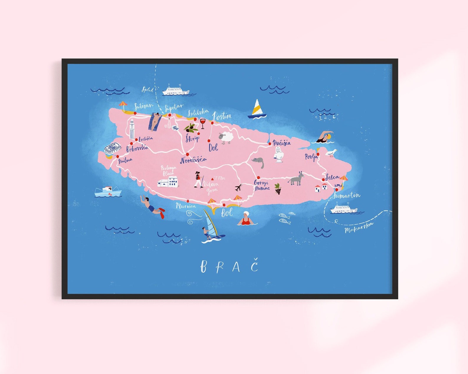 Brac A5 A4 and A3 illustrated map art print geography | Etsy