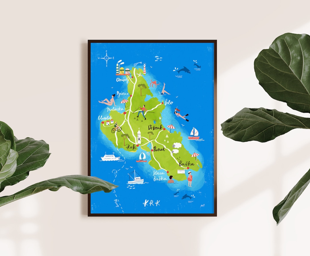 Krk A5, A4 and A3 Illustrated Map, Art Print, Wall Decor, Geography ...
