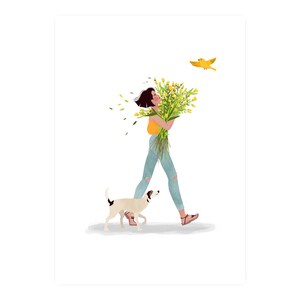 Spring walk A5 A4 and A3 art print Dog Lover Gift Girl and | Etsy
