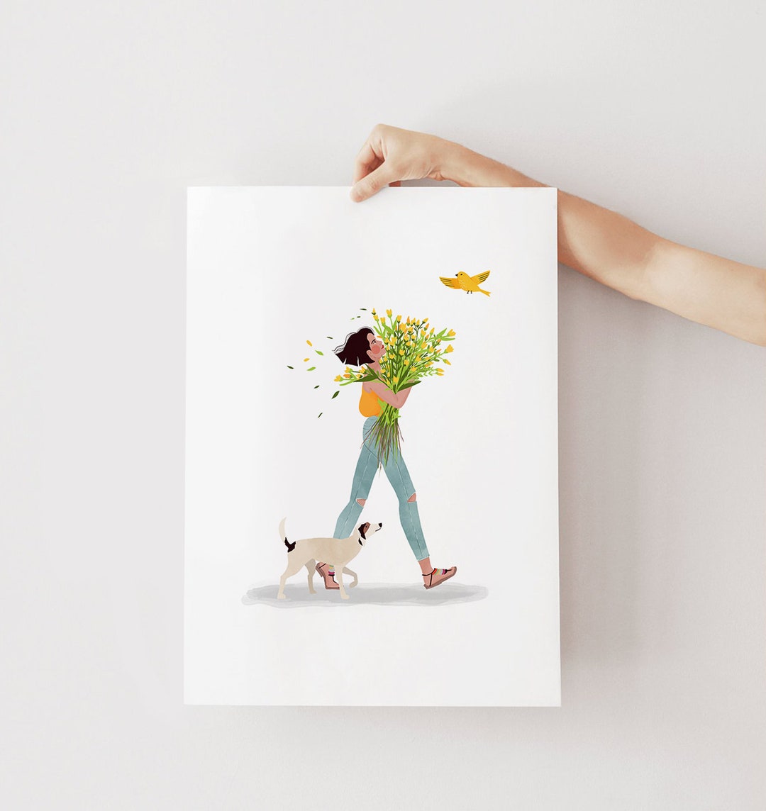 Spring Walk A5, A4 and A3 Art Print, Dog Lover Gift, Girl and Dog Print ...