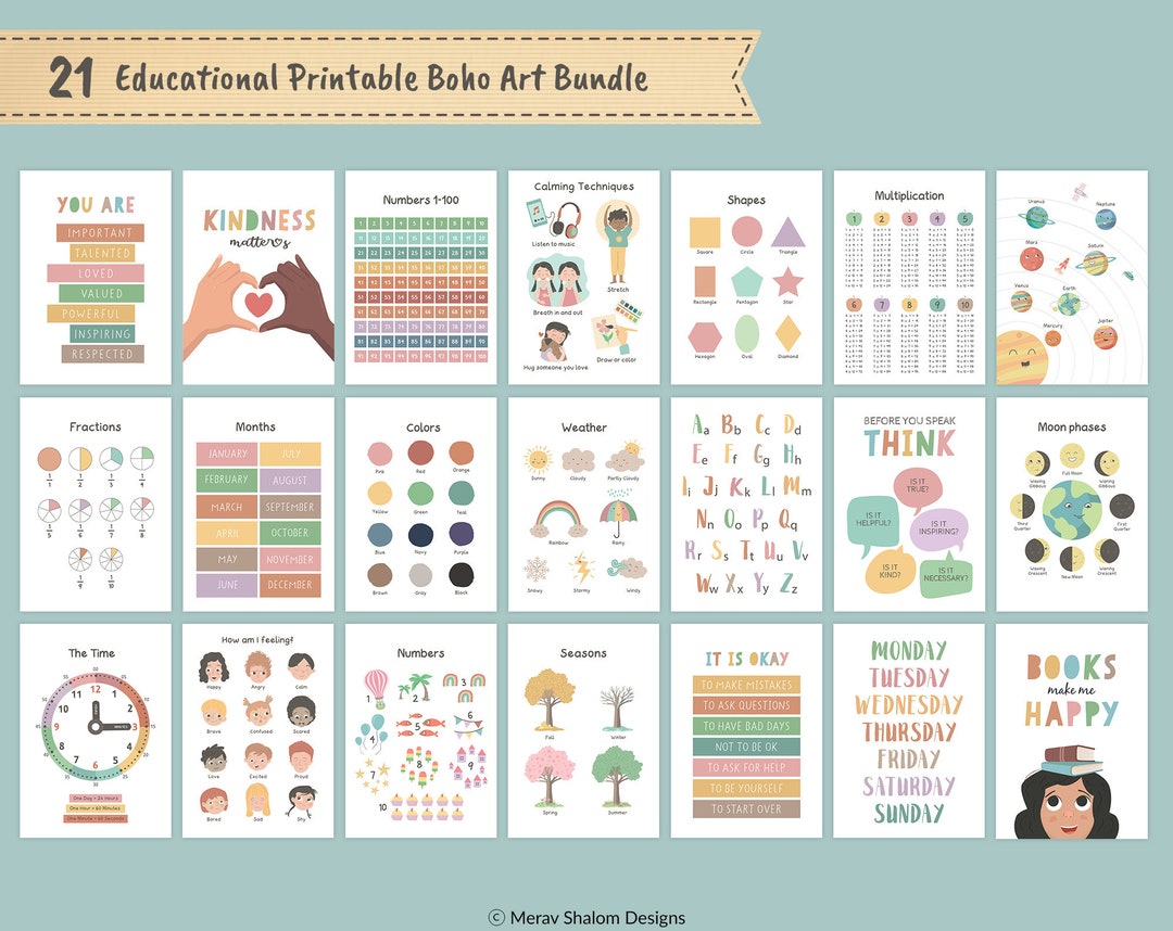 Inclusive Classroom Art, Set of 21, Kids Wall Art, Boho Educational ...