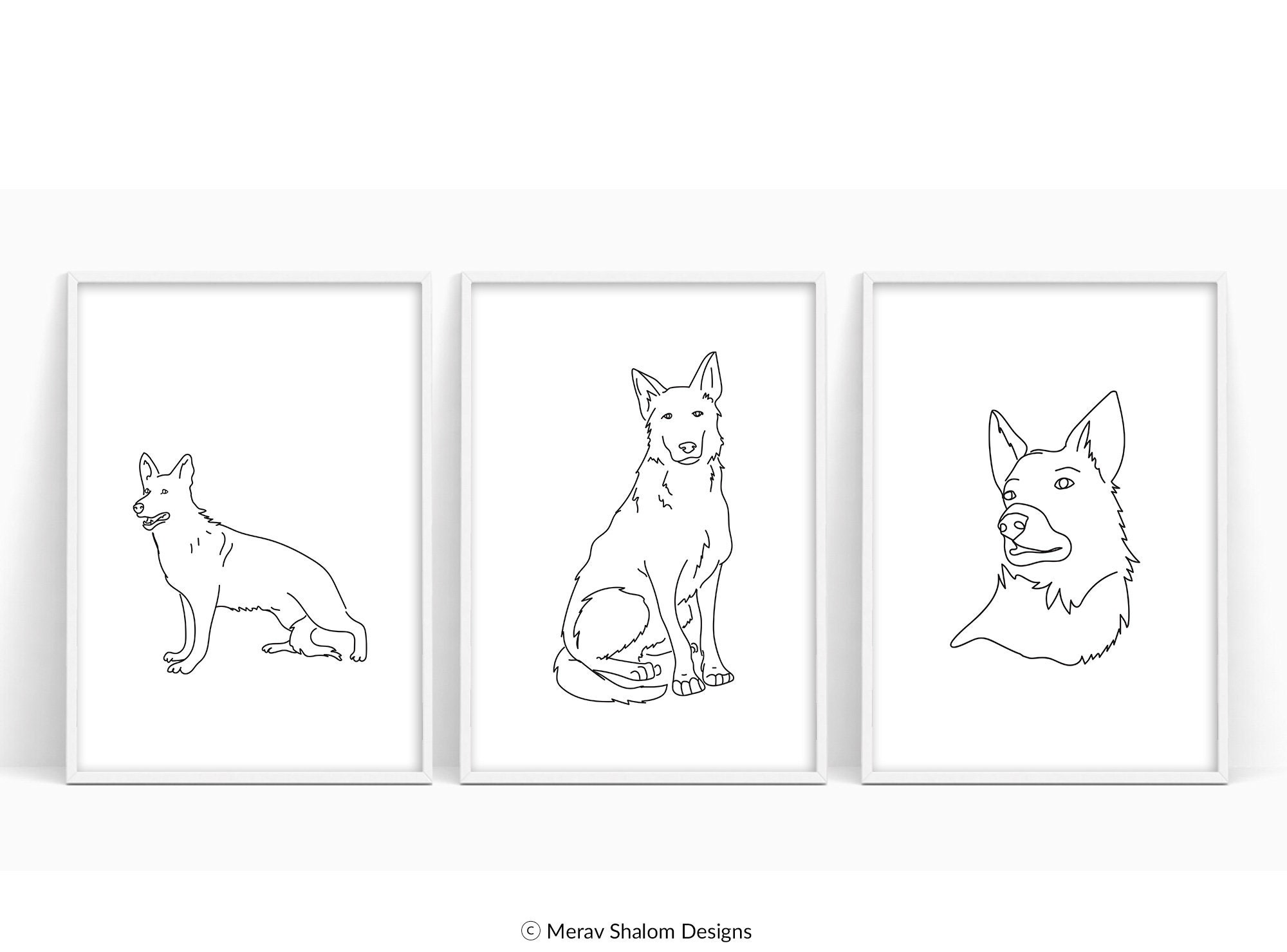 German Shepherd Line Art Set - Minimalist Wall Art Drawing - Dogs ...