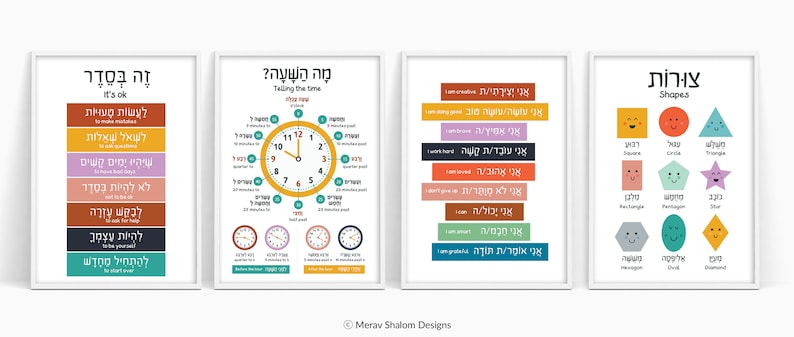 Hebrew & English Posters Set of 20 Educational Wall Art - Etsy