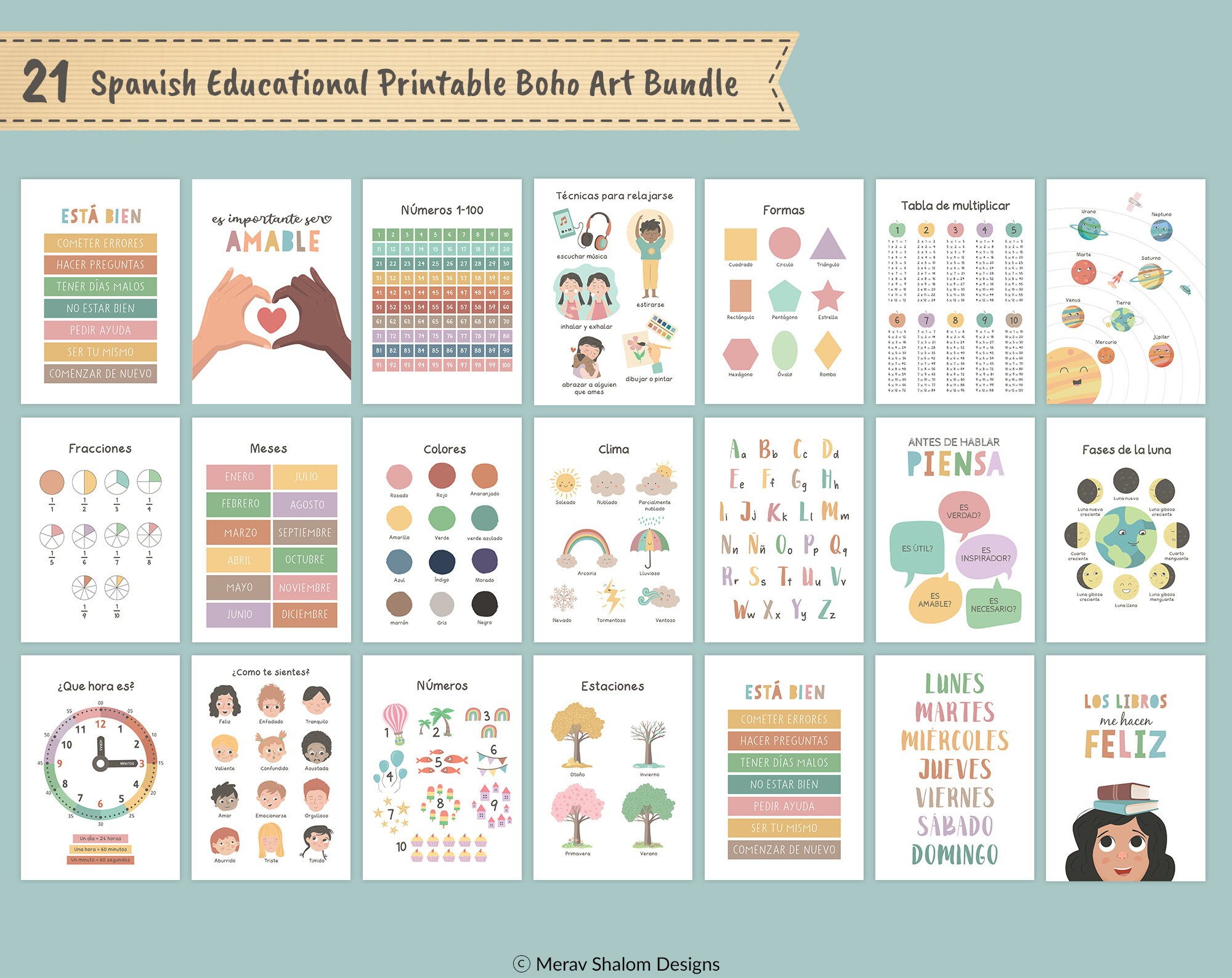 Spanish Classroom Art Set of 21 Kids Wall Art Boho - Etsy