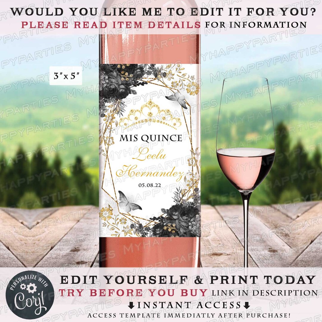 Quinceanera Black Gold Roses Wine Labels Butterfly Mis Quince - Etsy