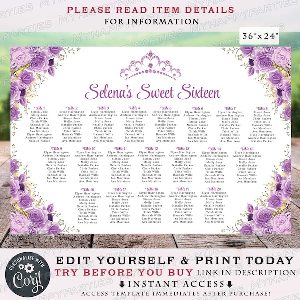 Quinceanera Lavender Seating Chart - Etsy