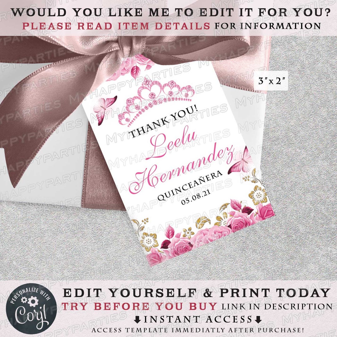 Quinceanera Pink Rosa Roses Favor Thank You Tags Butterfly Mis Quince ...