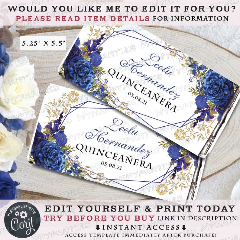 Mis Quince Anos Royal Blue Roses Candy Bar Wrappers - Etsy