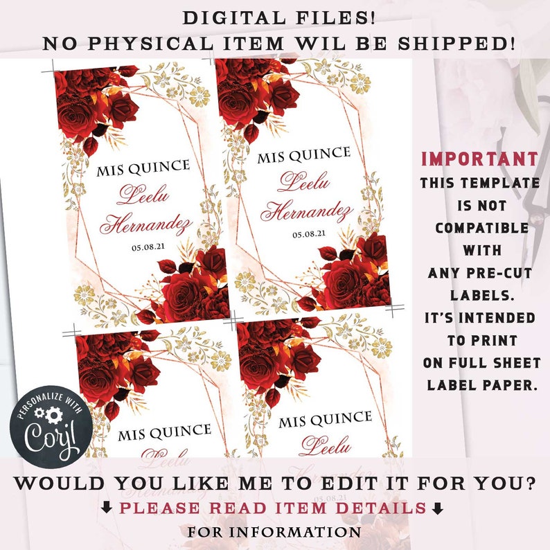 Quinceanera Red Gold Roses Wine Labels Butterfly Mis Quince - Etsy