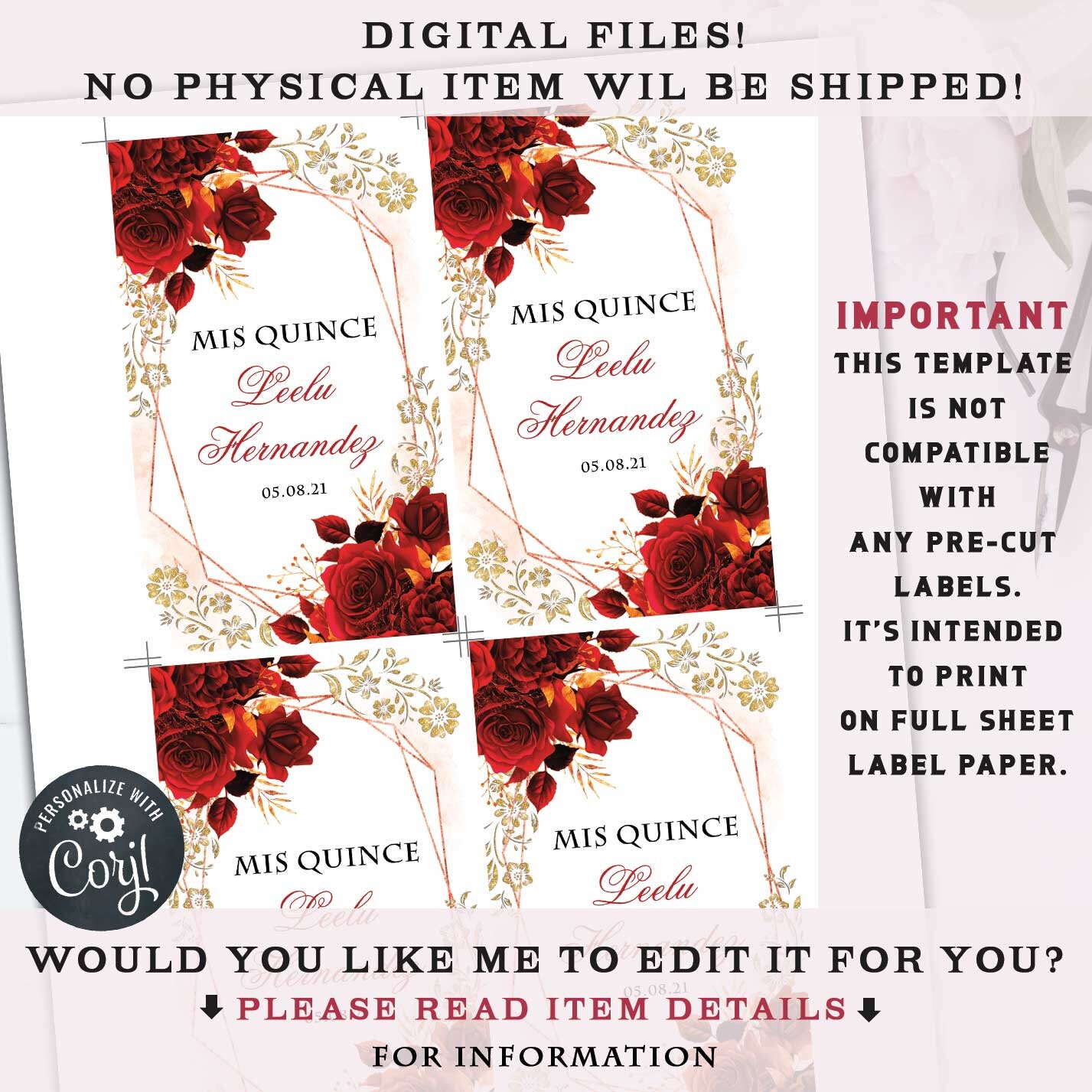 Quinceanera Red Gold Roses Wine Labels Butterfly Mis Quince - Etsy