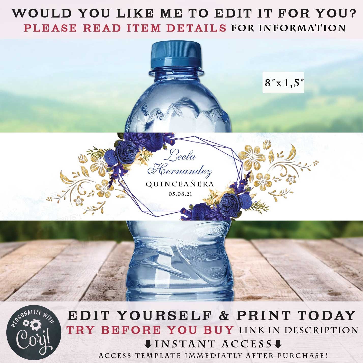 Royal Blue Gold Quinceanera Roses Butterfly Water Bottle Labels Mis ...