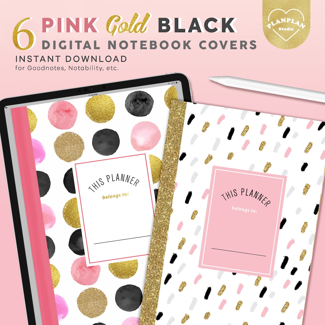 Pink Black Gold Digital Planner Covers, Digital Notebook Cover for ...