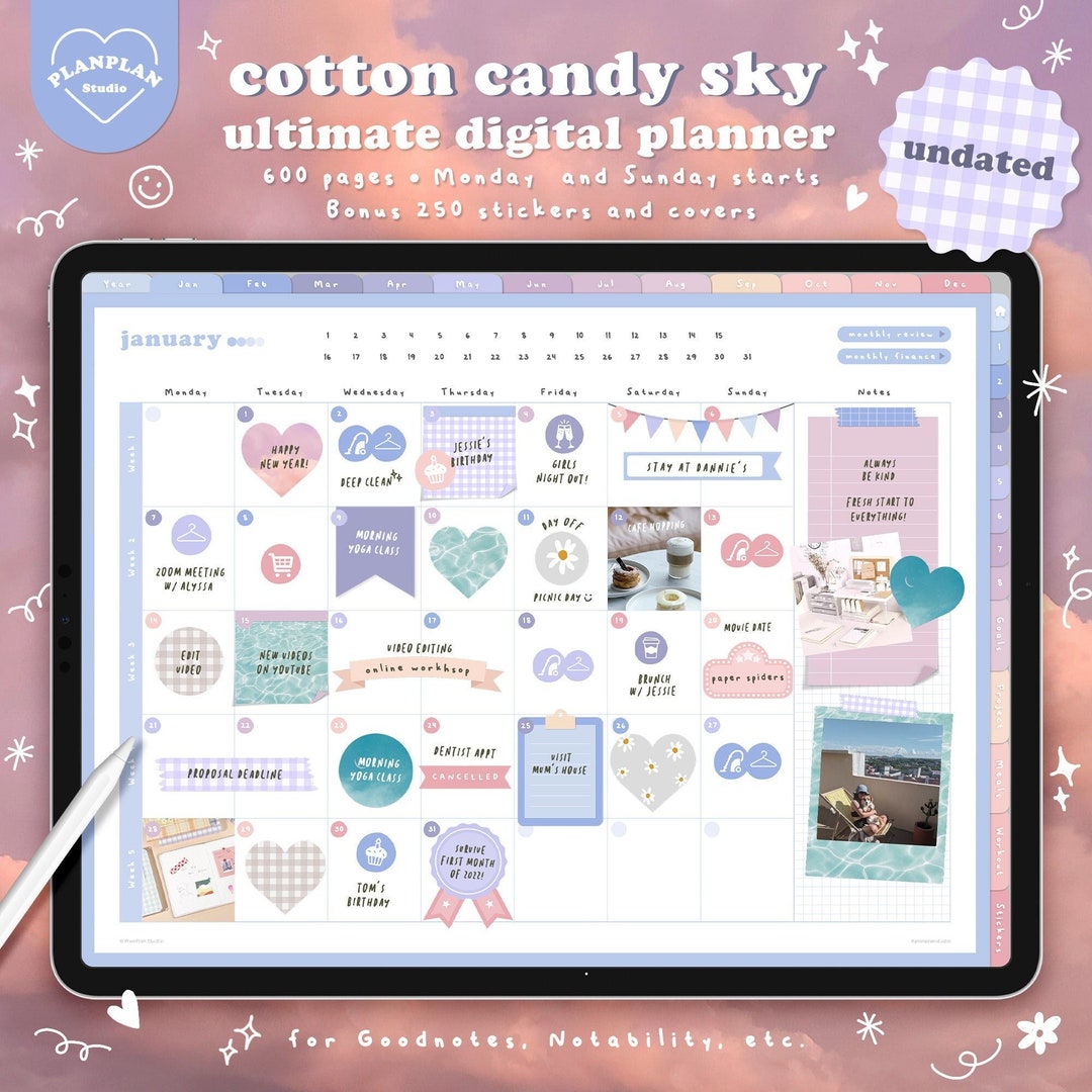 Digital Planner UNDATED, Aesthetic Digital Planner Cotton Candy Sky ...