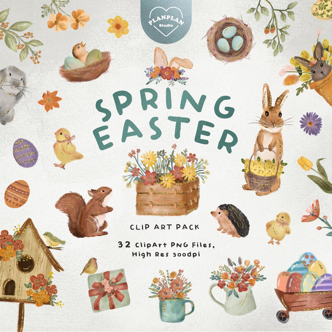 Spring Easter Clip Art, Hand Drawn Watercolor Easter PNG, Easter Bunny ...