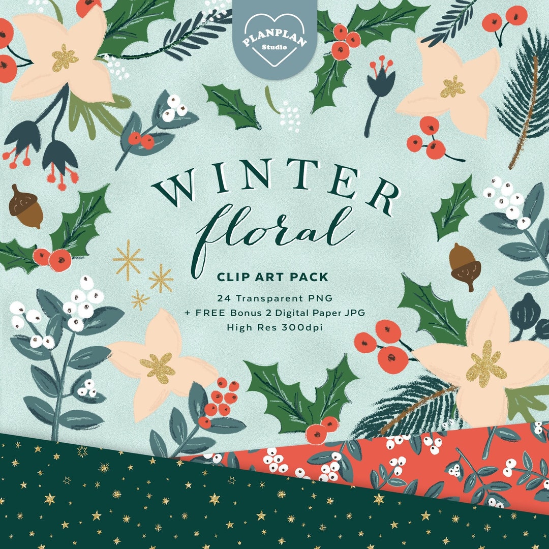 Winter Floral Clip Art, Hand Drawn Christmas Floral Illustration PNG ...