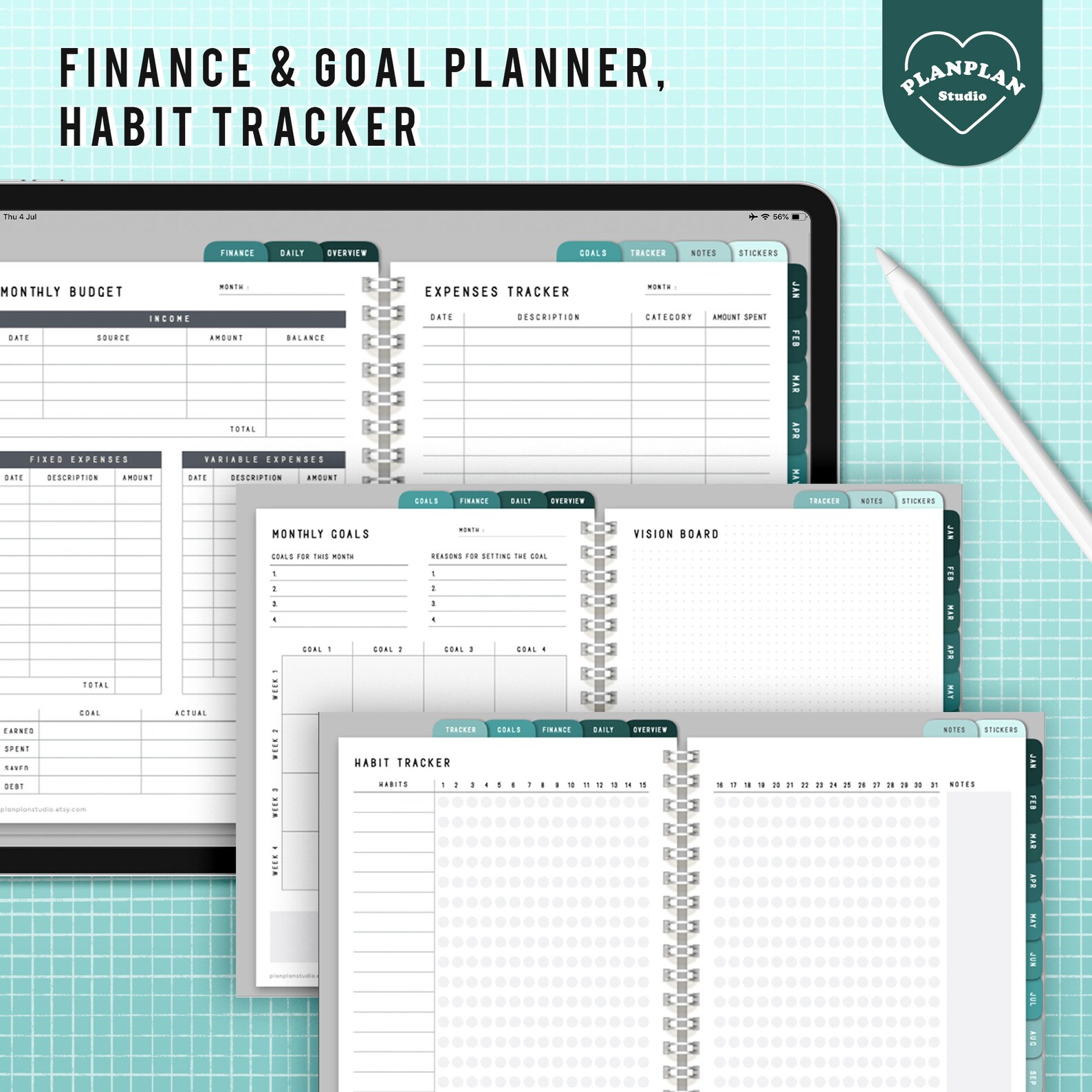 Basic Digital Planner in Mint Blue Teal Color, iPad Planner, Undated ...