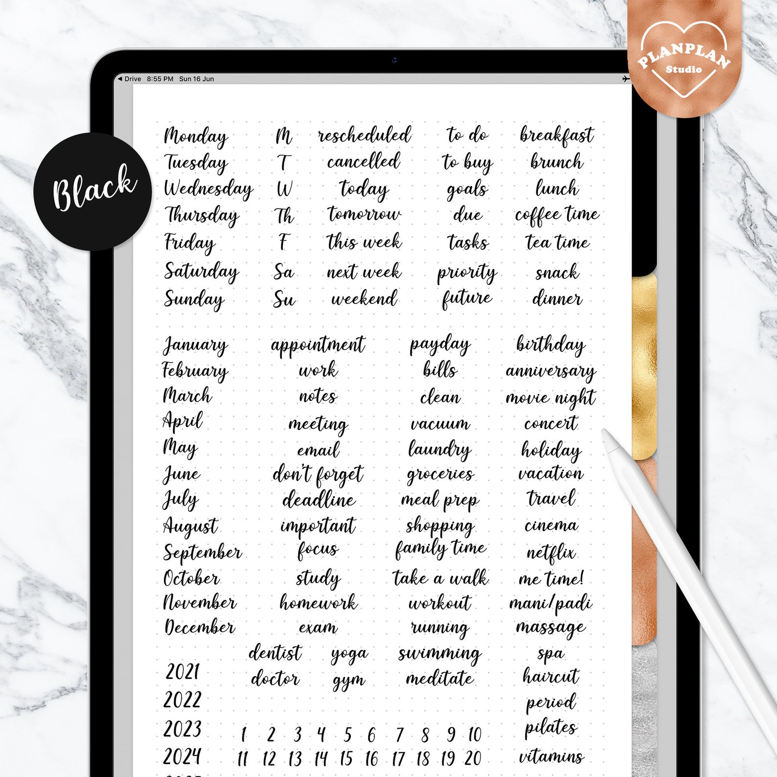 Essentials Script Digital Stickers in Gold Foil Months Days - Etsy