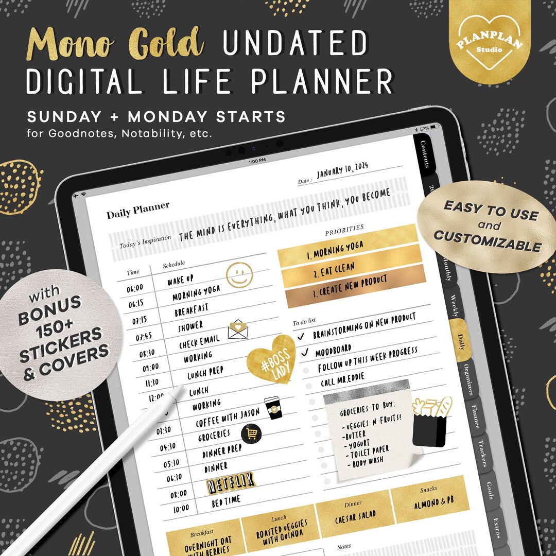 Digital Planner Mono Gold Black, Undated Digital Life Planner, iPad ...