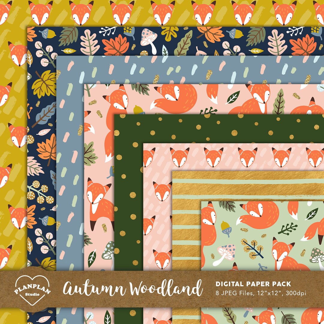 Autumn Woodland Digital Paper, Hand Drawn Autumn Fox Illustration ...
