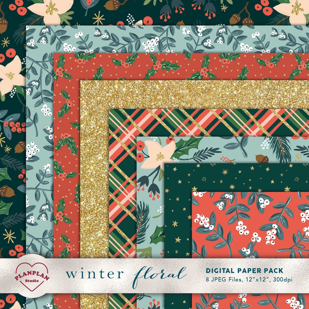 Winter Floral Digital Paper, Hand Drawn Christmas Floral Illustration ...