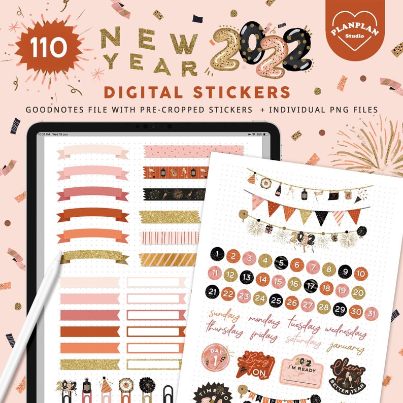 New Year Planner Stickers, January Digital Stickers, New Year's Party ...