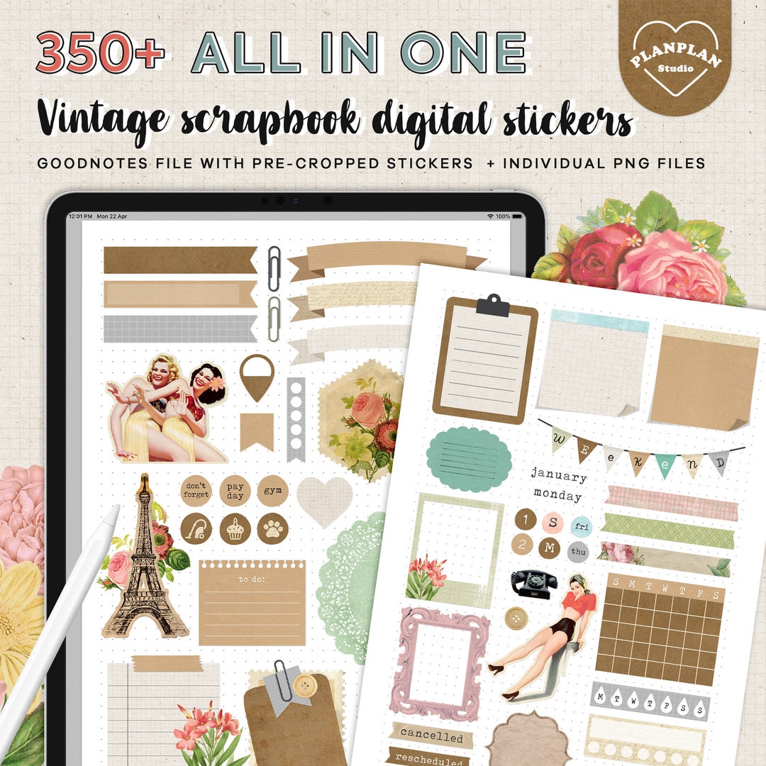 Vintage Scrapbook Digital Planner Sticker, All in One Goodnotes Digital ...