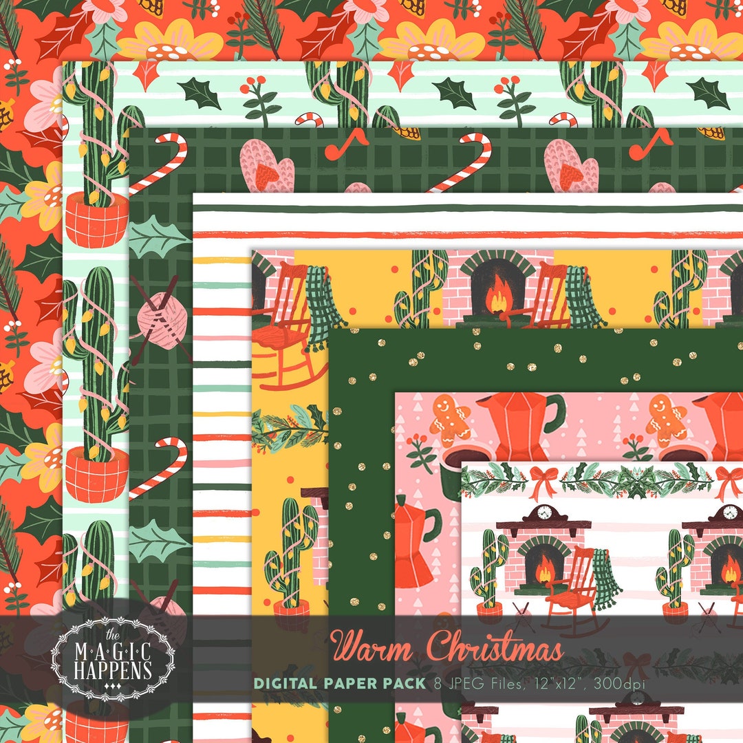 Warm Christmas Digital Paper, Hand Drawn Christmas Illustration ...