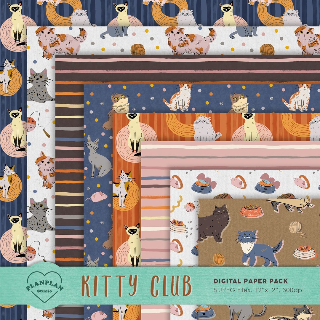 Kitty Club Digital Paper, Hand Drawn Cute Cat Seamless Pattern, Cute ...