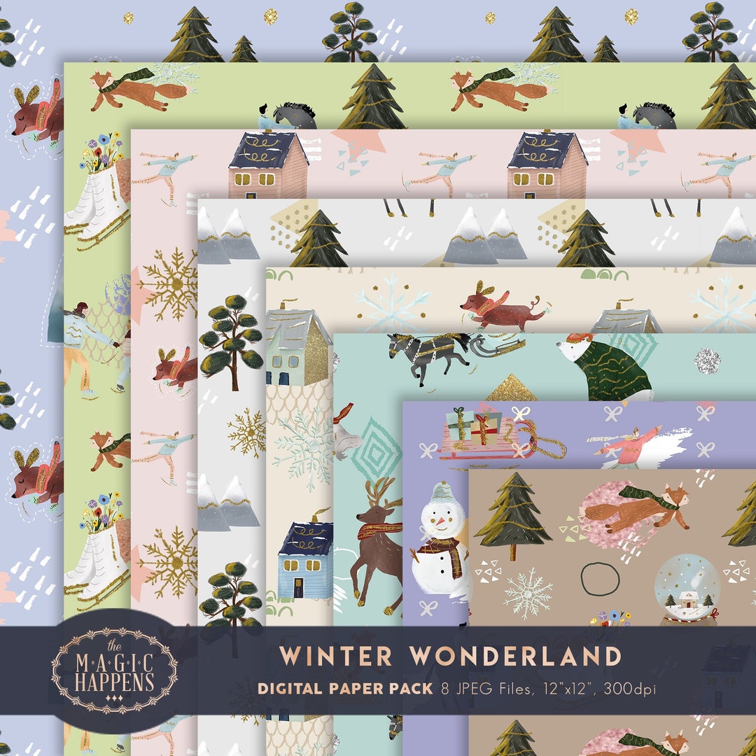 Winter Wonderland Digital Paper, Hand Drawn Christmas Illustration ...
