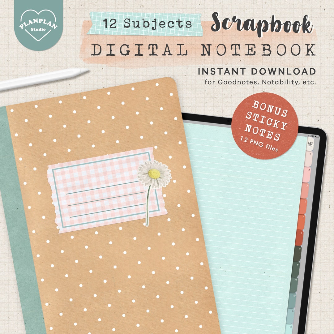 12 Tab Digital Notebook Scrapbook Theme, Hyperlink PDF, Lined, Grid ...