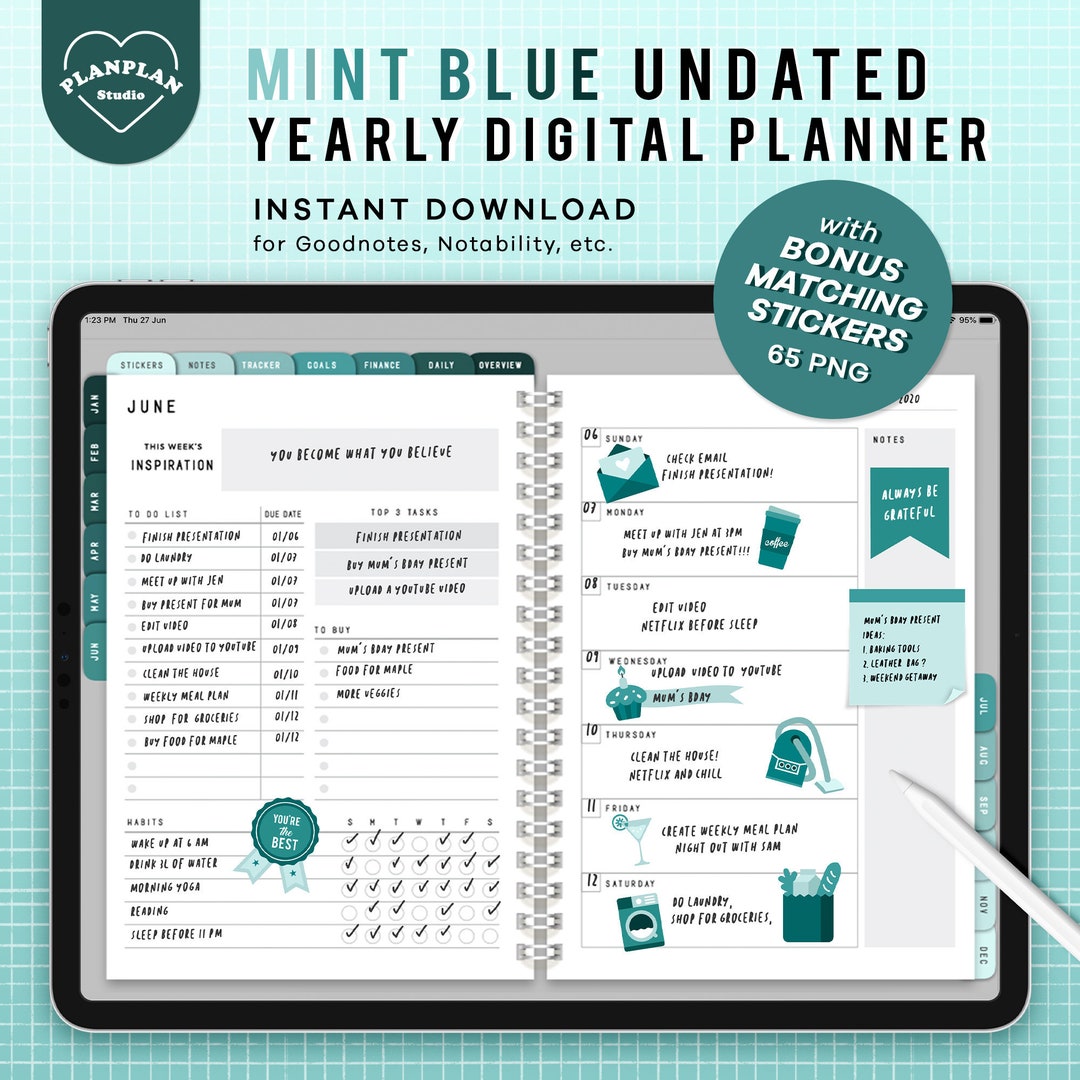 Basic Digital Planner in Mint Blue Teal Color, iPad Planner, Undated ...