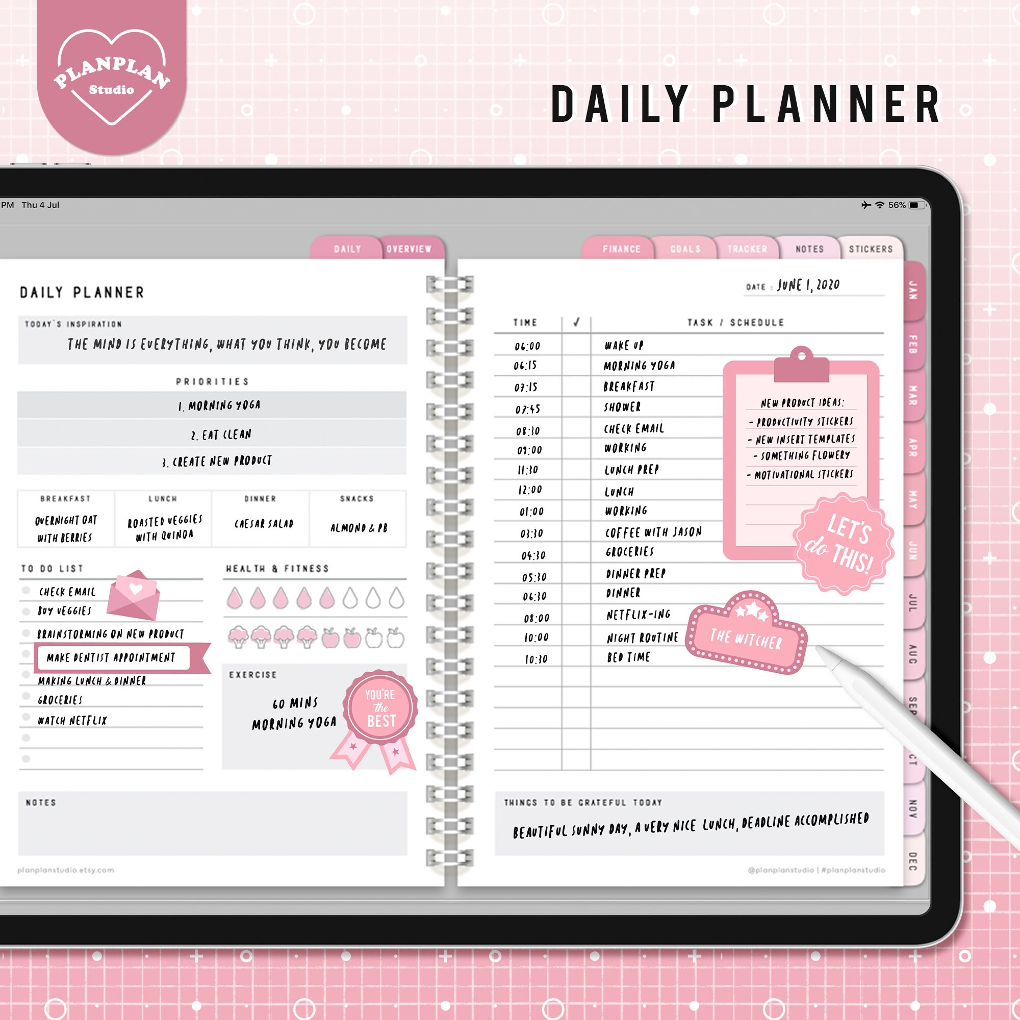Basic Pink Digital Planner, Pink Blush Color iPad Planner, Undated ...