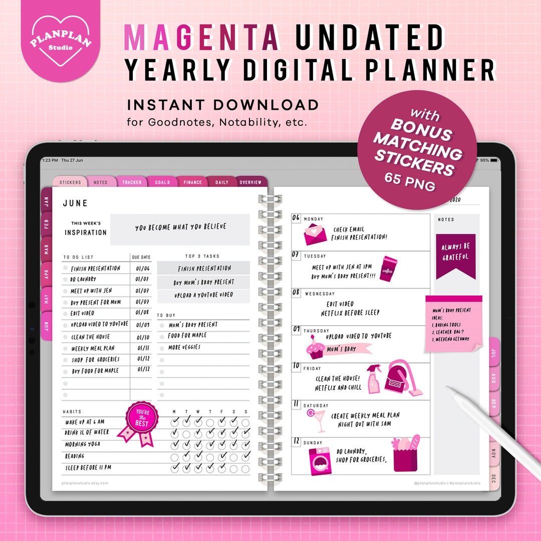 Basic Pink Digital Planner, Magenta Color iPad Planner, Fuschia Undated ...