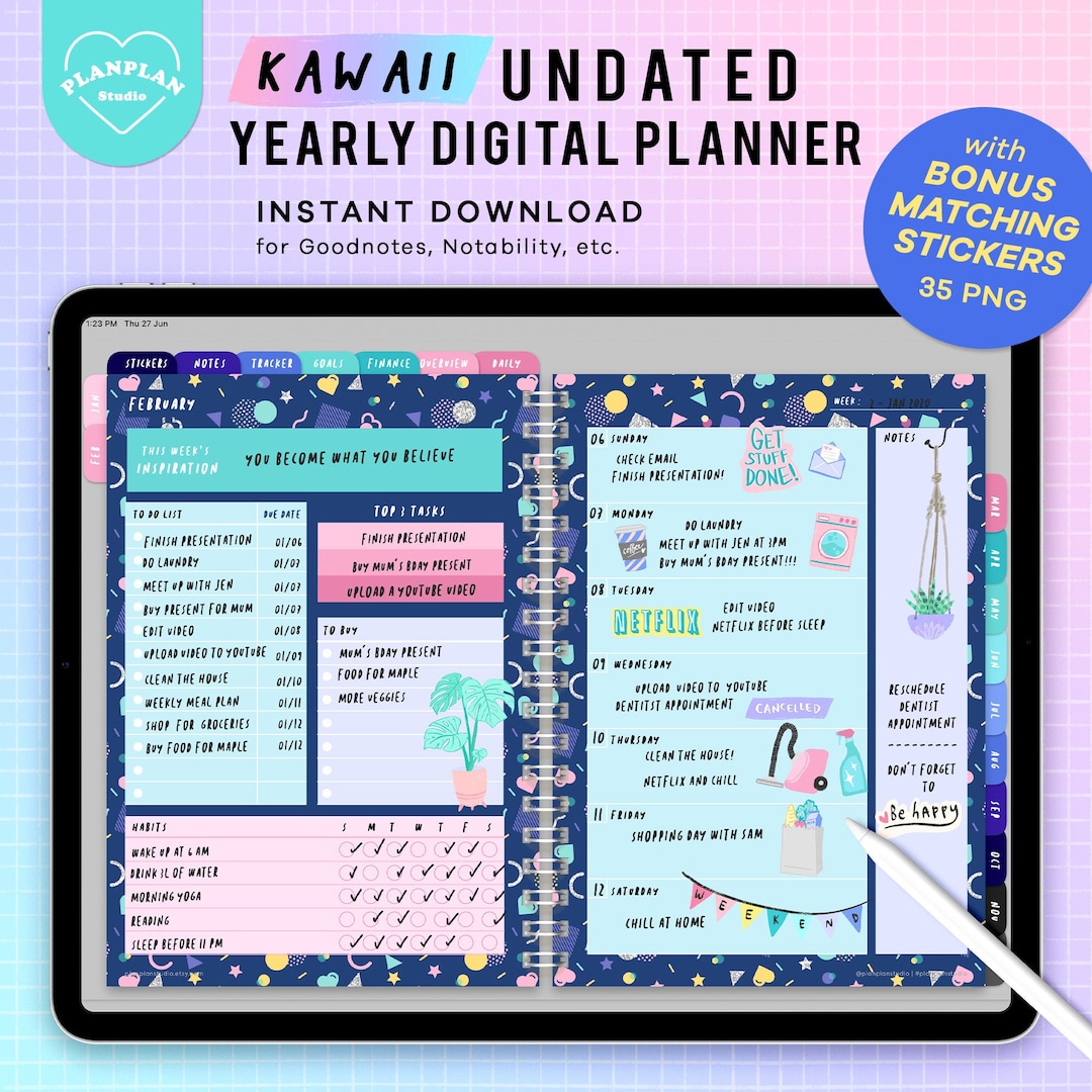 Kawaii Digital Planner, iPad Planner, Cute Goodnotes Planner, Rainbow ...