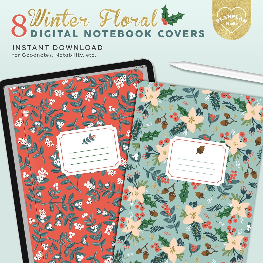 Winter Floral Digital Planner Cover, Christmas Planner Cover, Digital ...