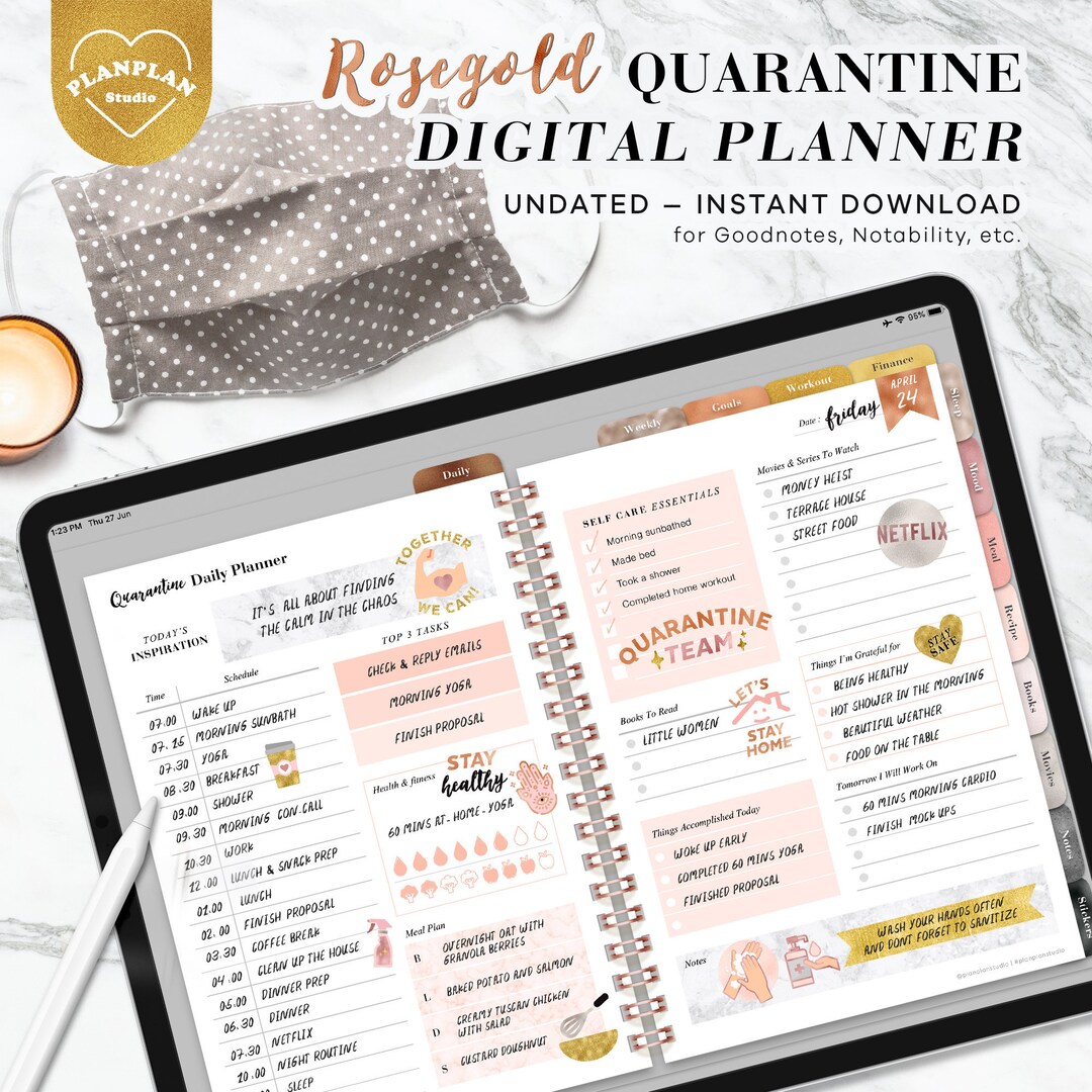 Quarantine Digital Planner in Rosegold Marble, Self Isolation Digital ...