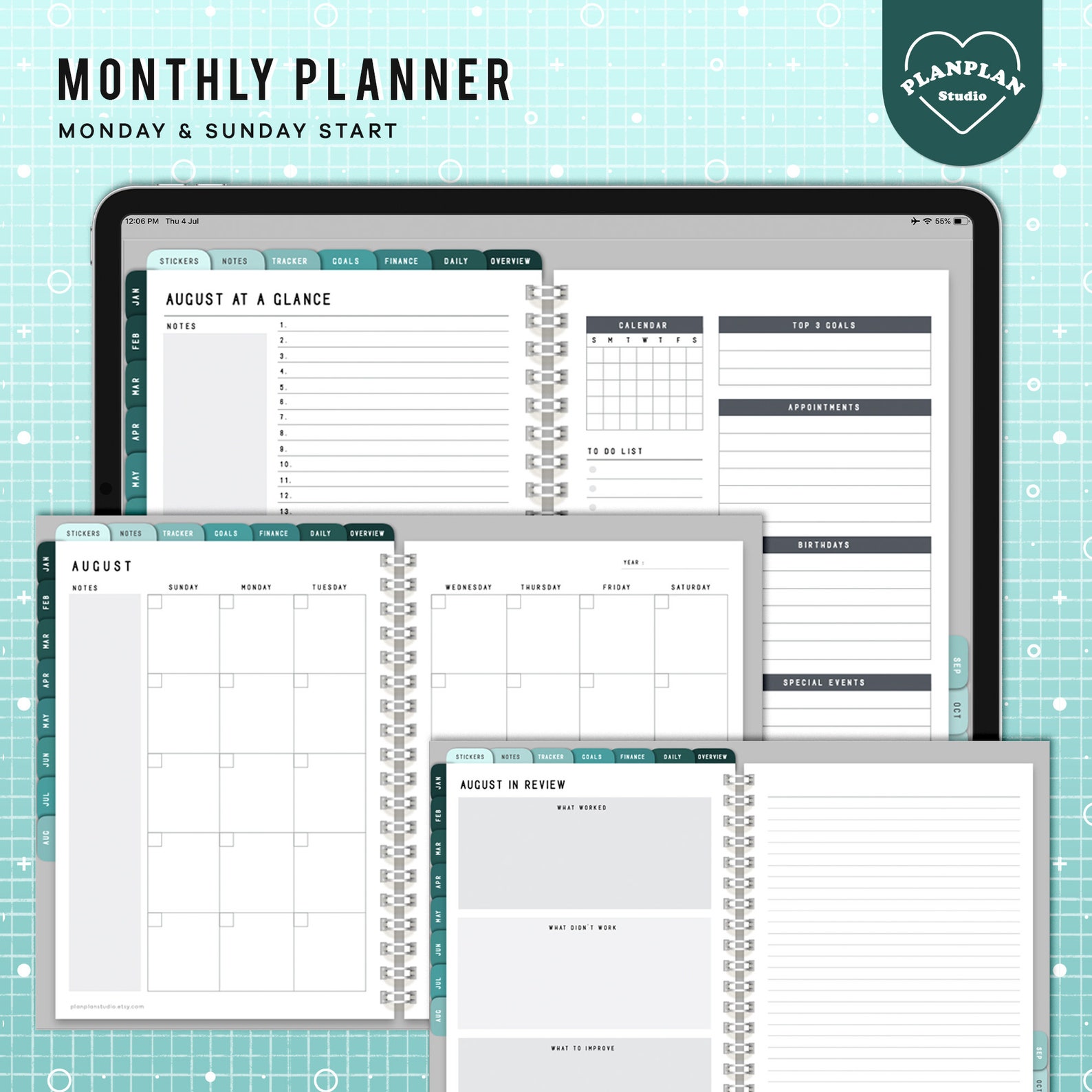 Basic Digital Planner in Mint Blue Teal Color, iPad Planner, Undated ...