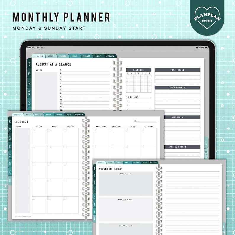 Basic Digital Planner in Mint Blue Teal Color, iPad Planner, Undated ...