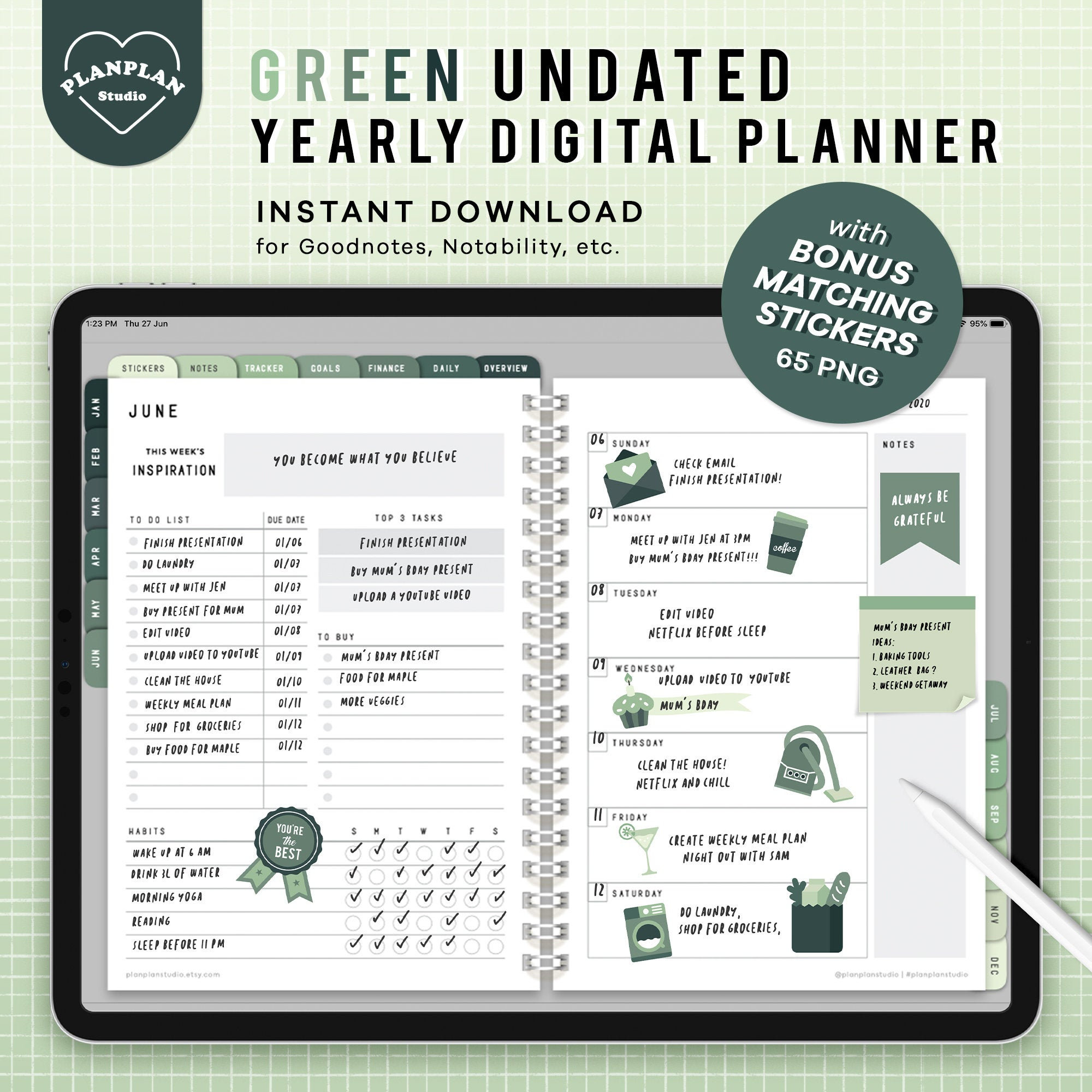 Green Digital Planner Basic Color Ipad Planner Undated | Etsy
