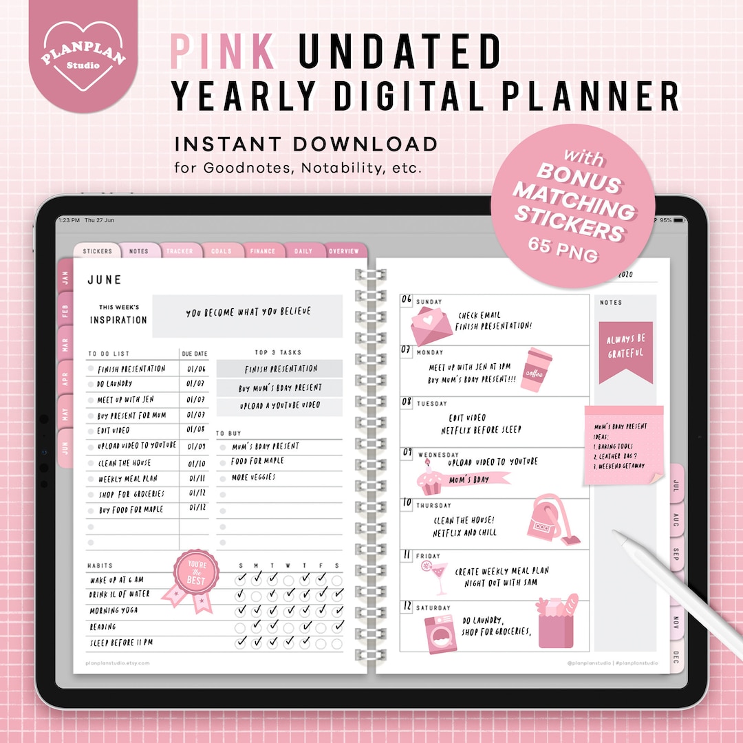 Basic Pink Digital Planner, Pink Blush Color iPad Planner, Undated ...
