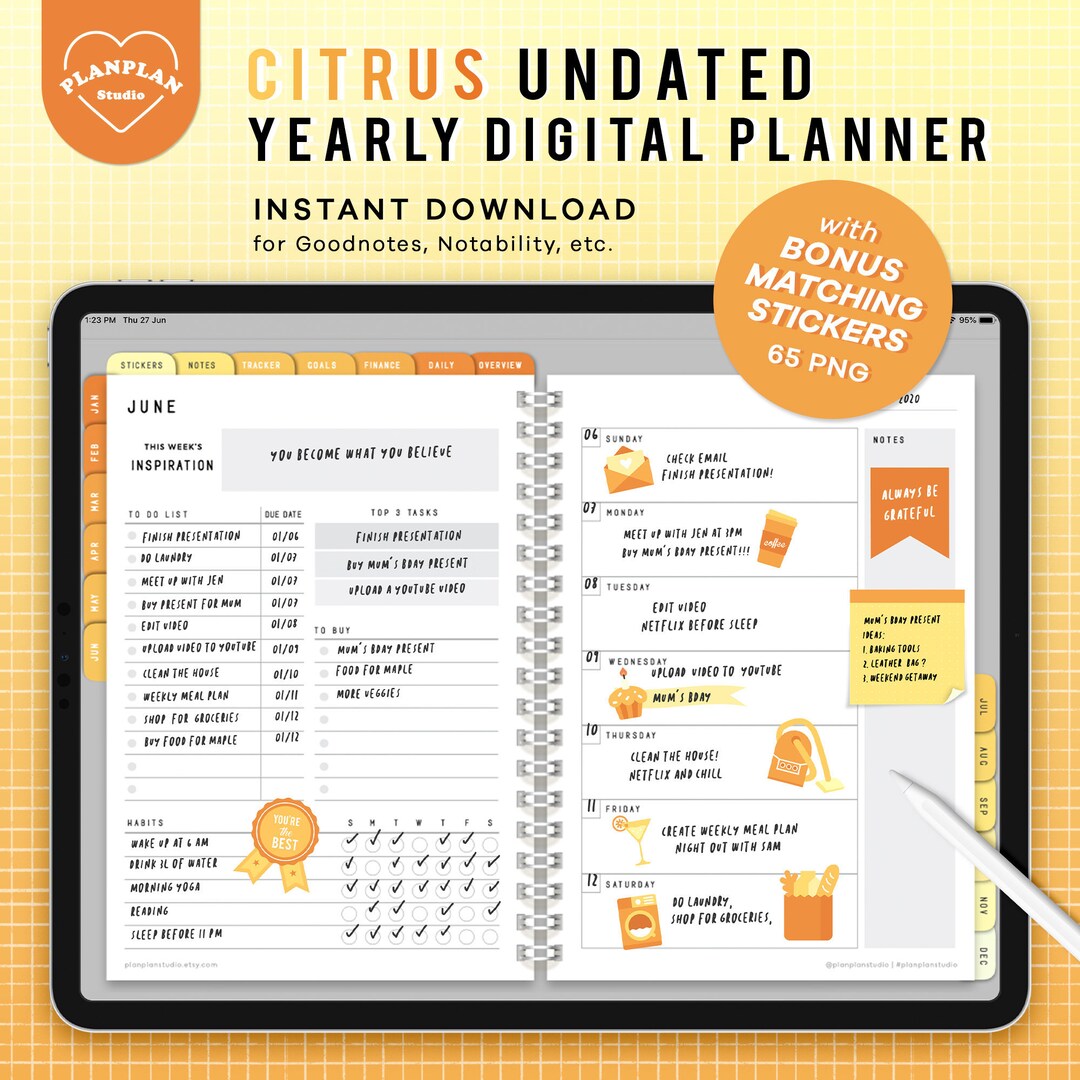 Basic Yellow Digital Planner, Citrus Color iPad Planner, Undated ...