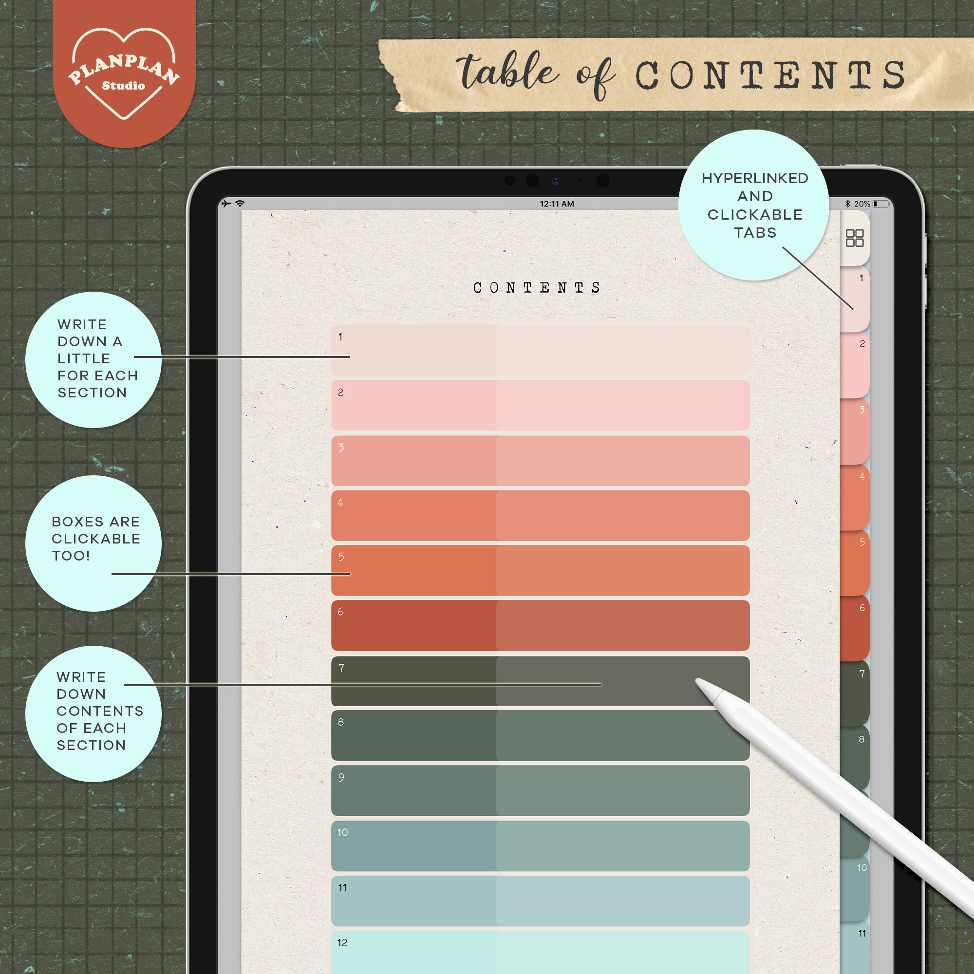 12 Tab Digital Notebook Scrapbook Theme, Hyperlink PDF, Lined, Grid ...