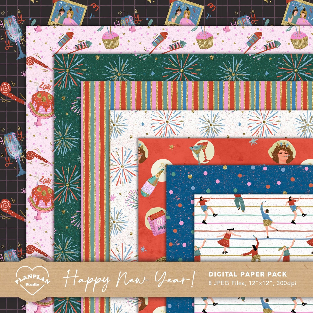 New Year Digital Paper, Hand Drawn Glittery New Year Illustration ...