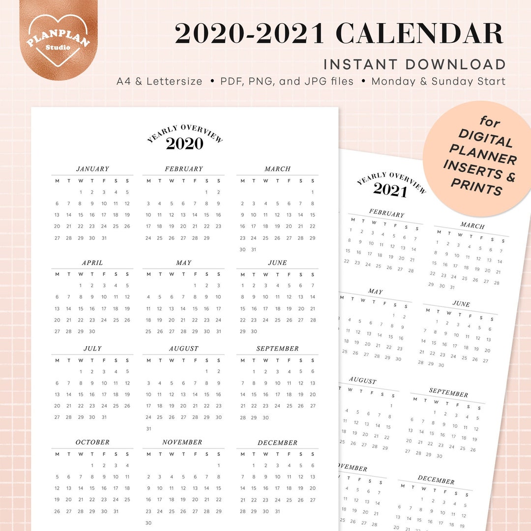 2020-2021 Calendar Inserts, Calendar Printable, Digital Planner Inserts ...